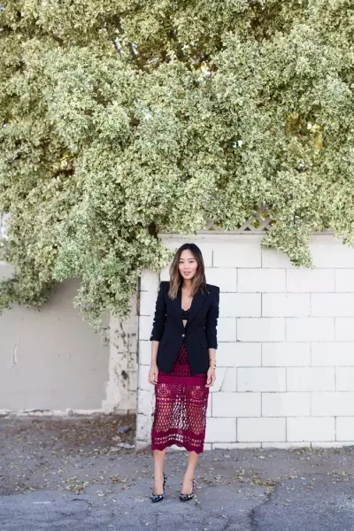 aimee_song_of_style_red_midi_skirt_swart_blazer_embellished_pumps