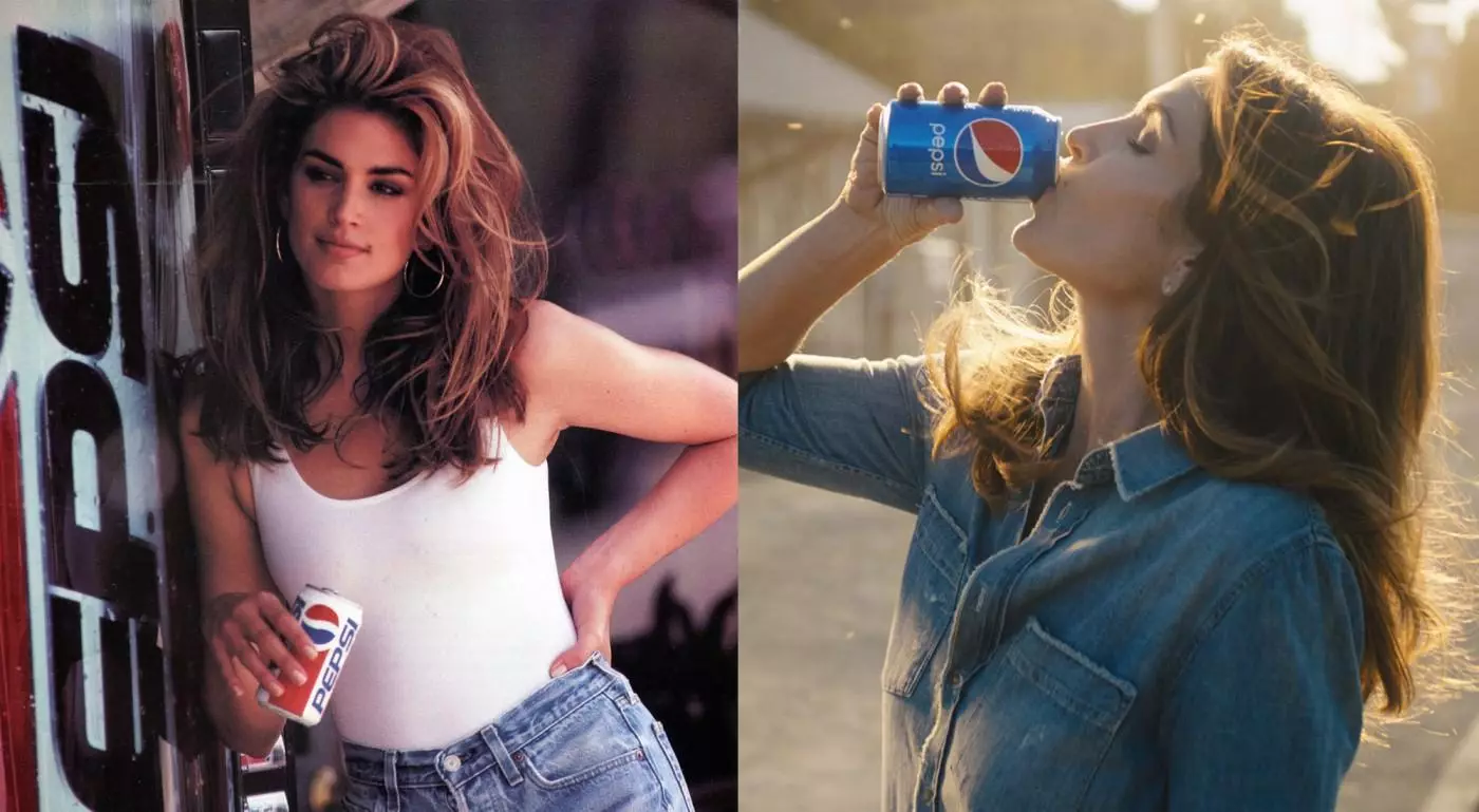 Cindy Crawford poustvari svojo ikonično oglaševalsko akcijo Pepsi za Super Bowl