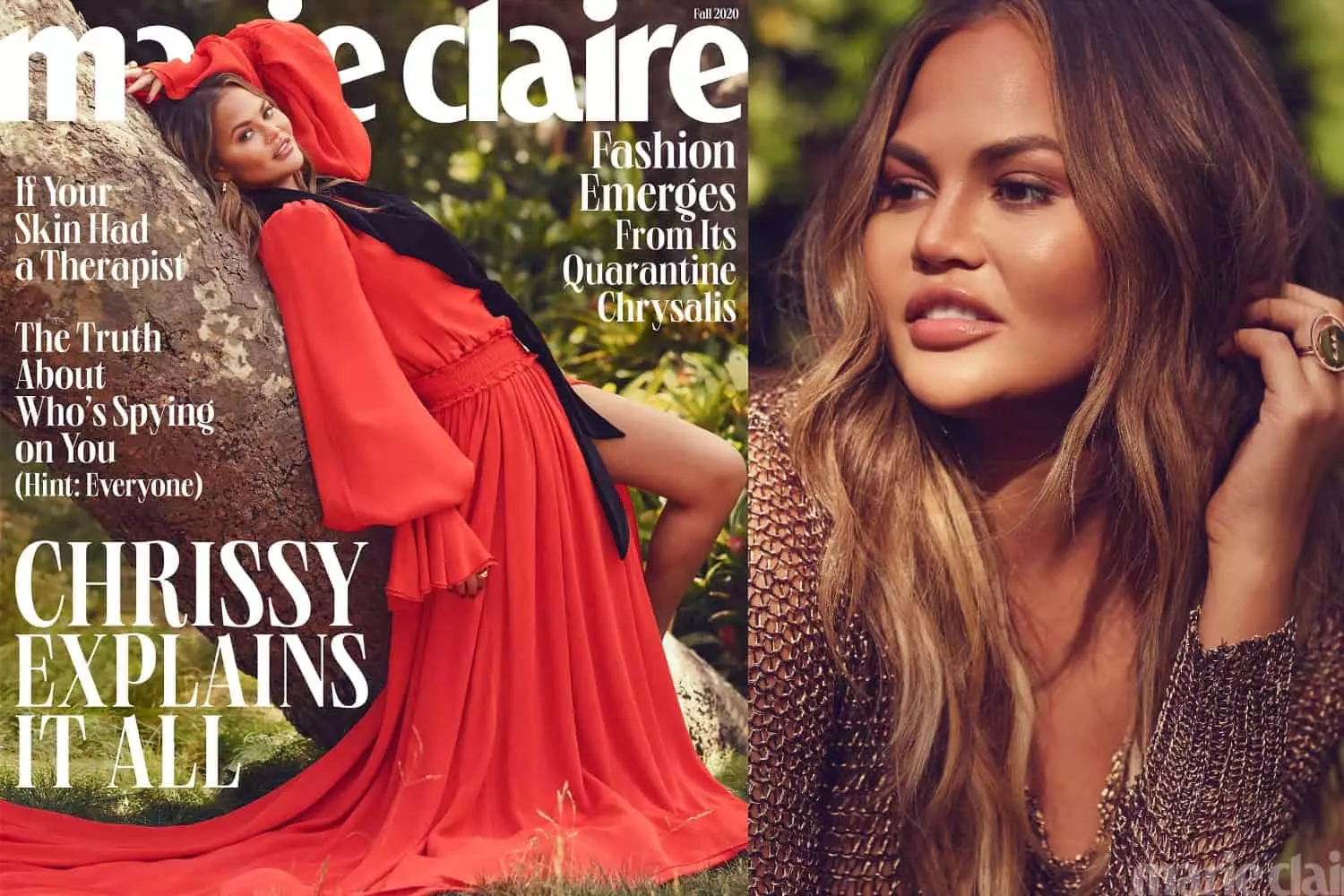 Chrissy Teigen Marie Claire-in payız məsələsini işıqlandırarkən səmimi olur