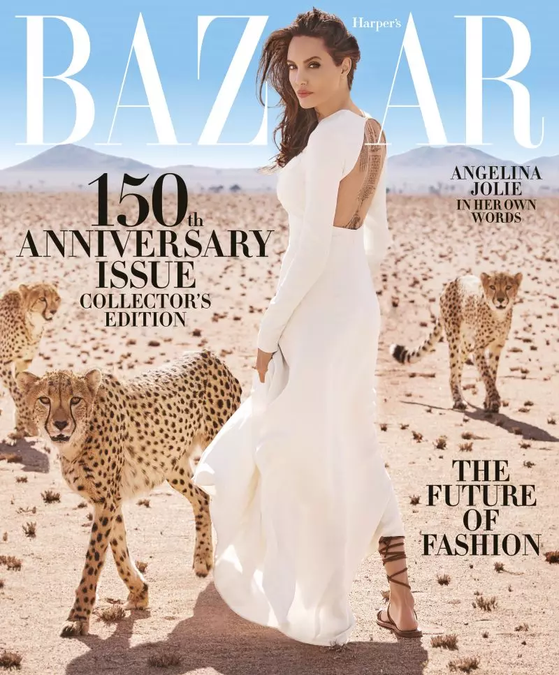 Angelina Jolie poze ak Cheetahs pou nimewo 150yèm anivèsè Harper's Bazaar.