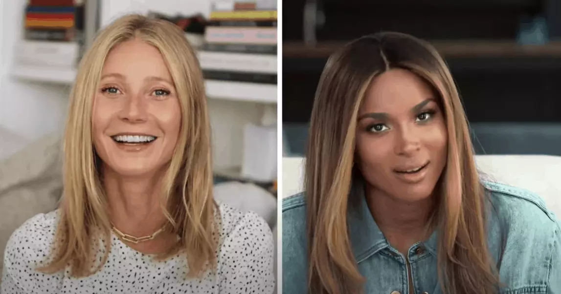 Gwyneth Paltrow vertelt Ciara dat ze een "heel vies gevoel voor humor" heeft als ze over het moederschap praten