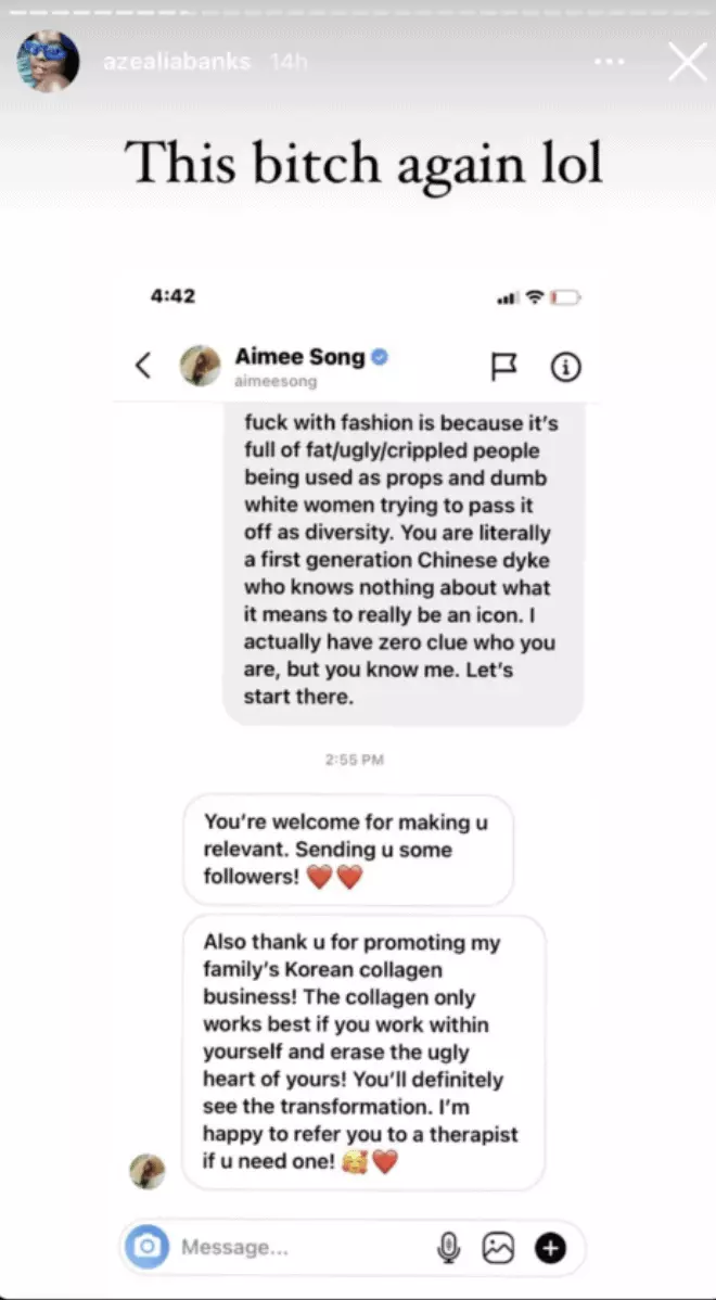 Instagram ၏ အထူးဆန်းဆုံးရန်ငြိုးကို ရှင်းပြခဲ့သည်- Aimee Song နှင့် Azealia Banks အကြား အမဲသားကဘာလဲ။ 8387_3